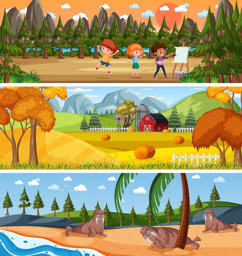 Different Nature Landscape at Daytime Scene with Cartoon Character ...
