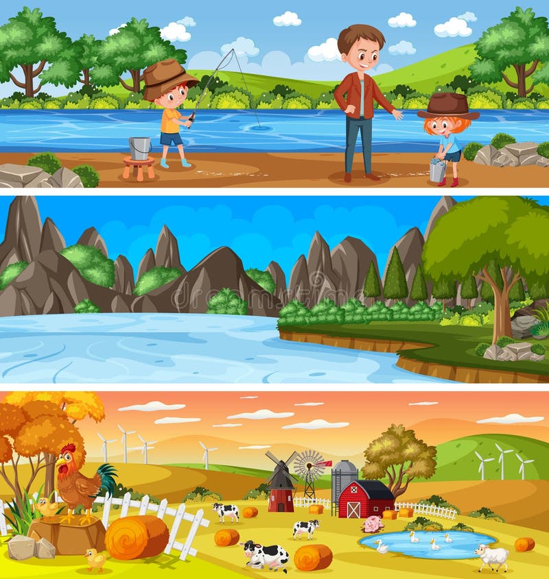 Different Nature Landscape Scene Set with Cartoon Character Stock ...