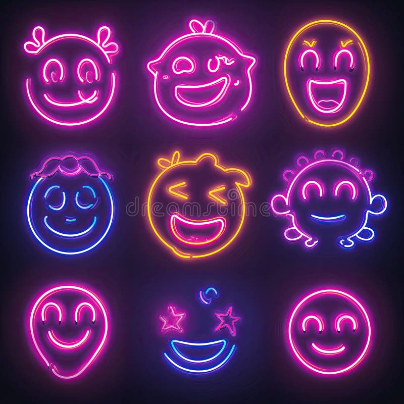 Different Neon-style Emojis Stock Illustration - Illustration of neon ...