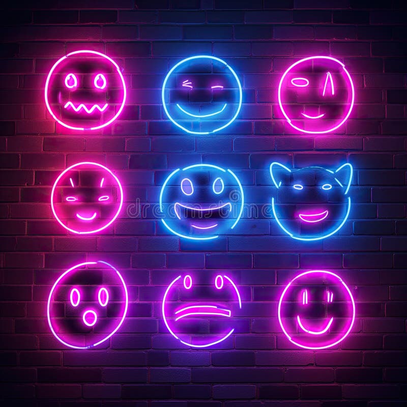 Different Neon-style Emojis Stock Photo - Image of cartoon, isolated ...