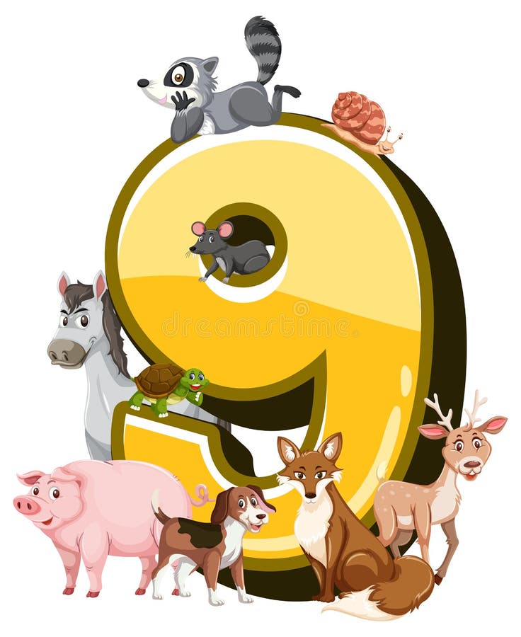 Different Nine Animals Attached To Number Nine Stock Vector ...