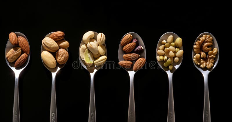 Different Nuts, Almonds Peanuts Spoons, Healthy Nuts, Stock ...