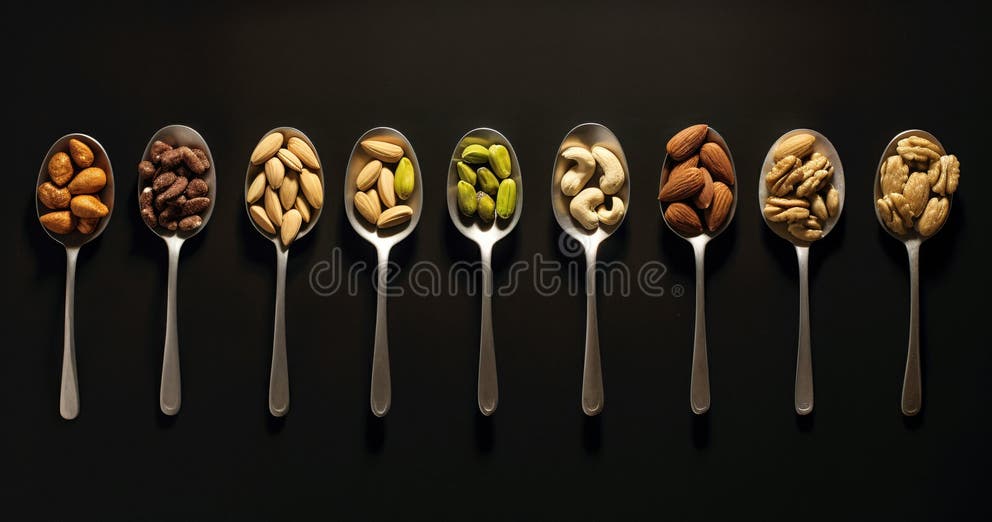 Different Nuts, Almonds Peanuts Spoons, Healthy Nuts, Stock ...
