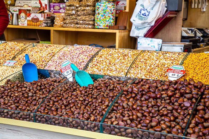Different Nuts are on the Counter at the Seller in the Market Stock ...