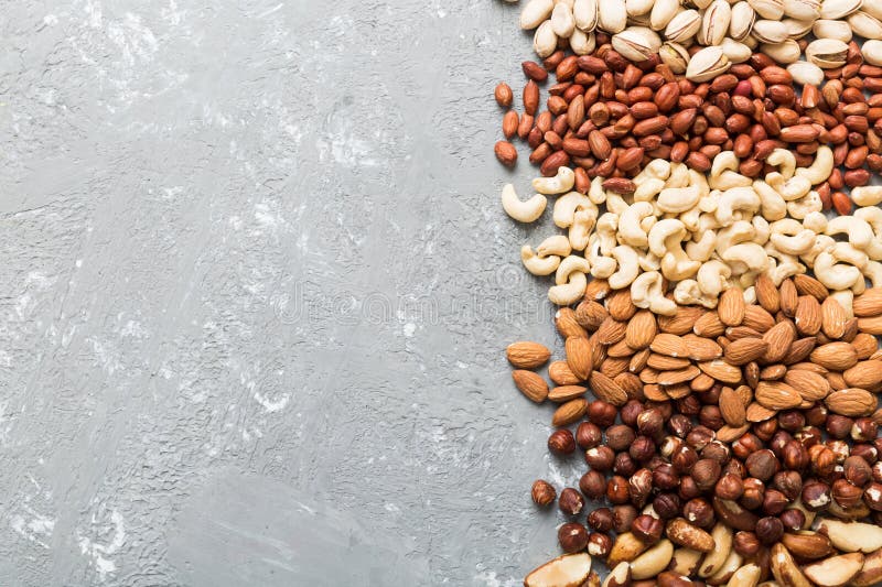Different Nuts Frame Background. Close Up, Top View, Flat Lay with Vopy ...