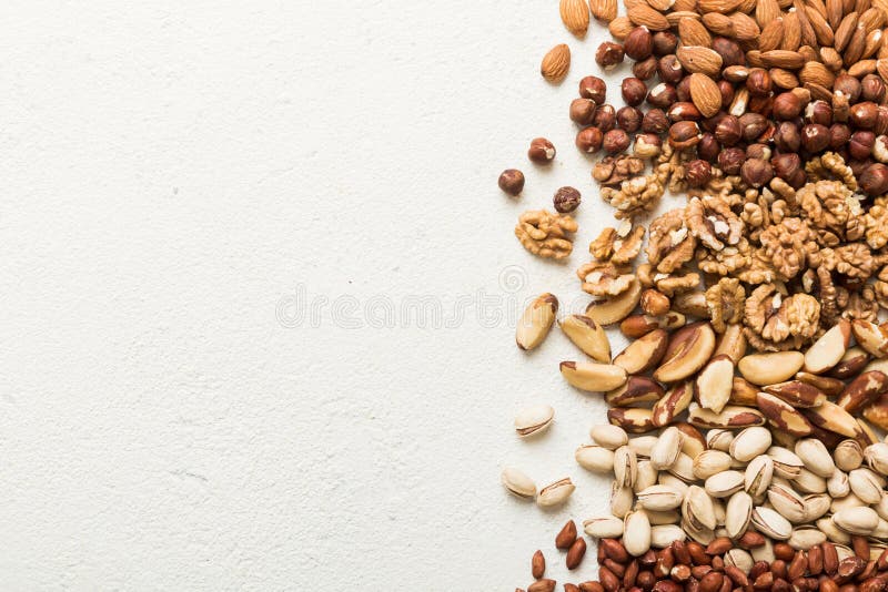 Different Nuts Frame Background. Close Up, Top View, Flat Lay with Vopy ...