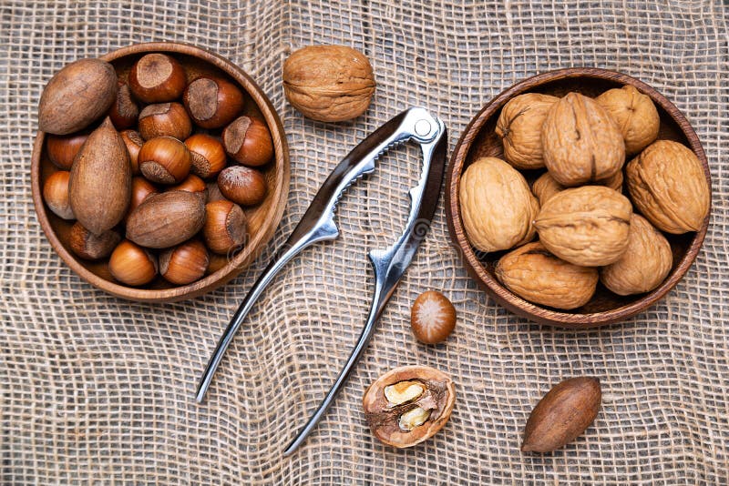 Different Nuts and Nutcracker Close Up. View from Above Stock Image ...