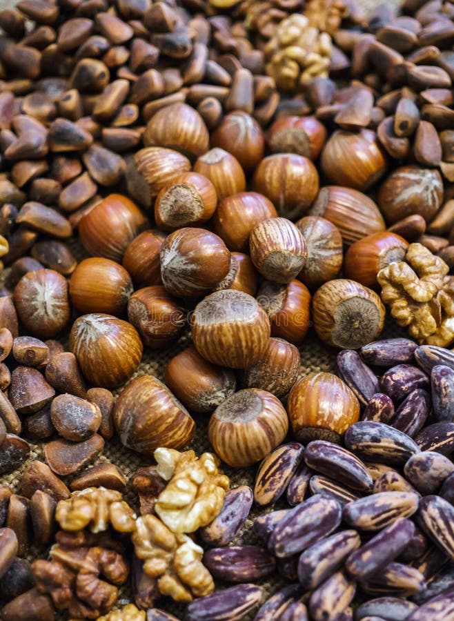 Different Nuts in the Shell and without it Scattered on the Table Stock ...