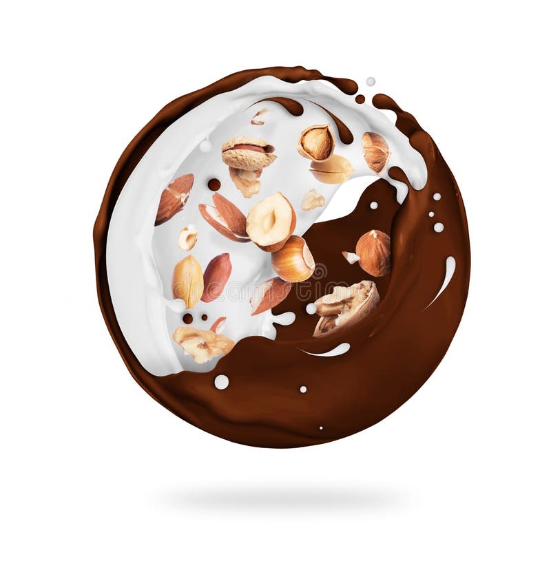 Different Nuts with Splashes of Chocolate and Milk in Spherical Shape ...