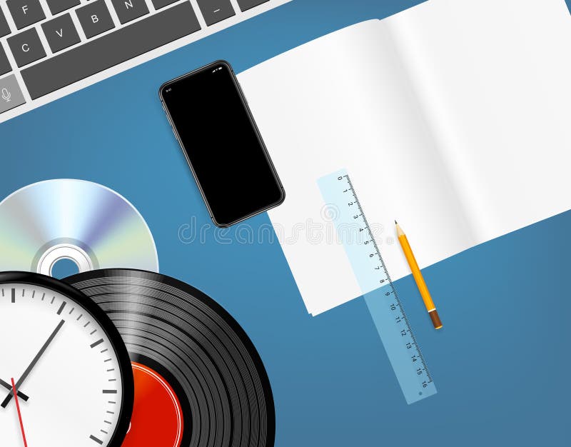 Different Objects on a Blue Table Stock Vector - Illustration of modern ...