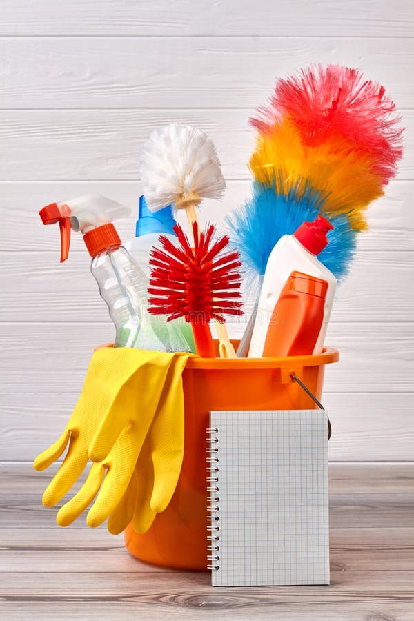 Different Objects for Cleaning in Bucket. Stock Image - Image of ...