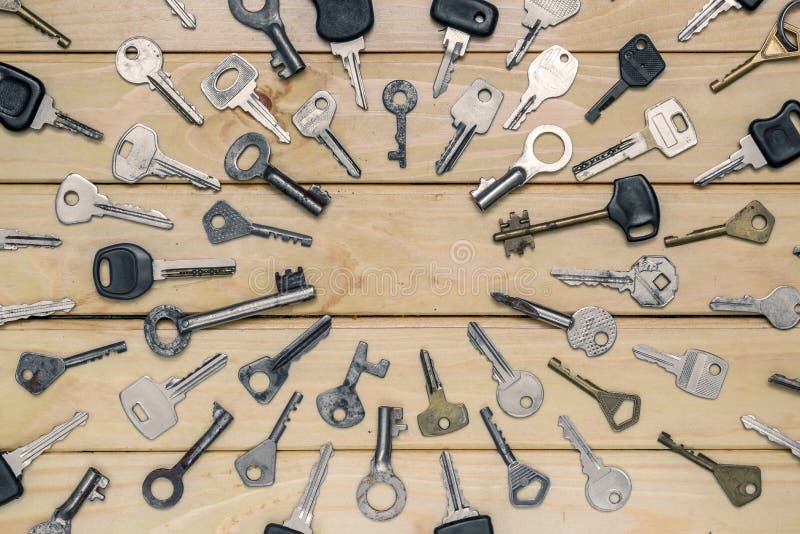 Different Old Keys are Directed To the Center Top View of the Wooden ...
