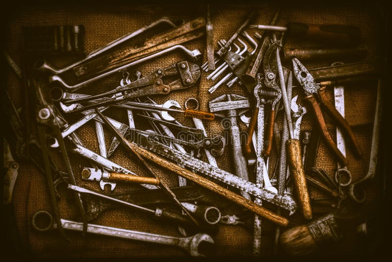 Different Old Kinds of Tools and Keys on Jute Bag Stock Image - Image ...