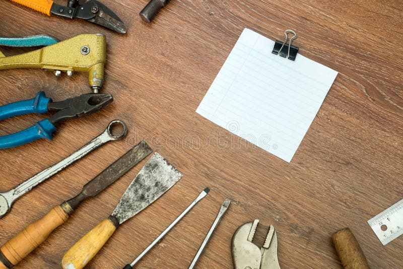 Different Old Tools with Blank Paper on Wood Stock Image - Image of ...