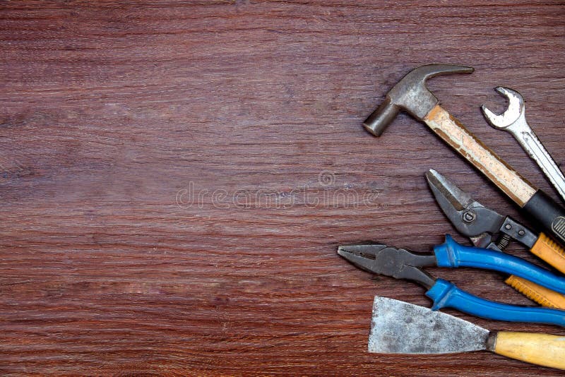 Different Old Tools on Wood Stock Photo - Image of hole, texture: 64771784