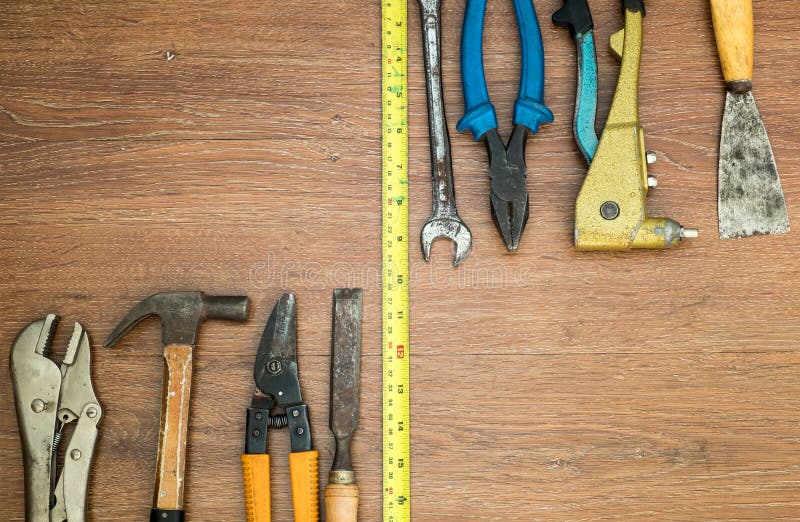 Different Old Tools on Wood Stock Image - Image of tape, bench: 64823915