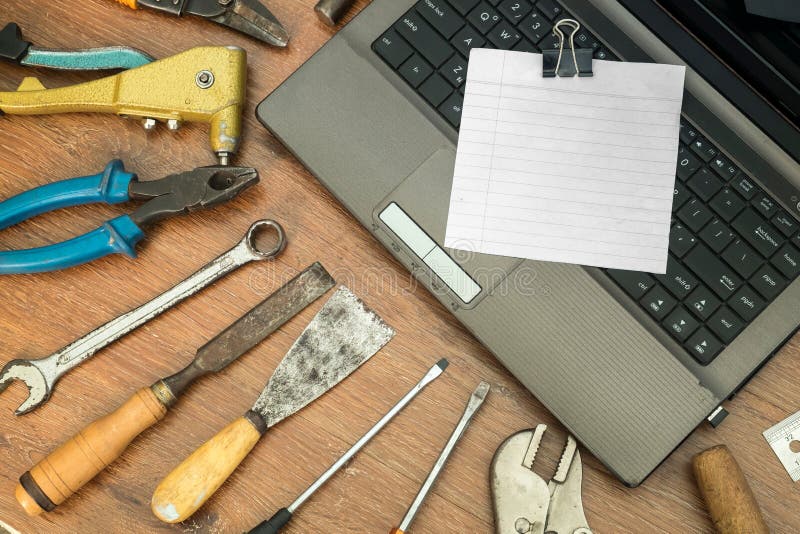 Different Old Tools on Wood with Post it Stock Image - Image of hammer ...