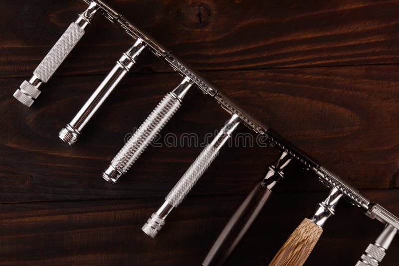 Old Vintage Razors and Brush on a Black Background. View from Above ...