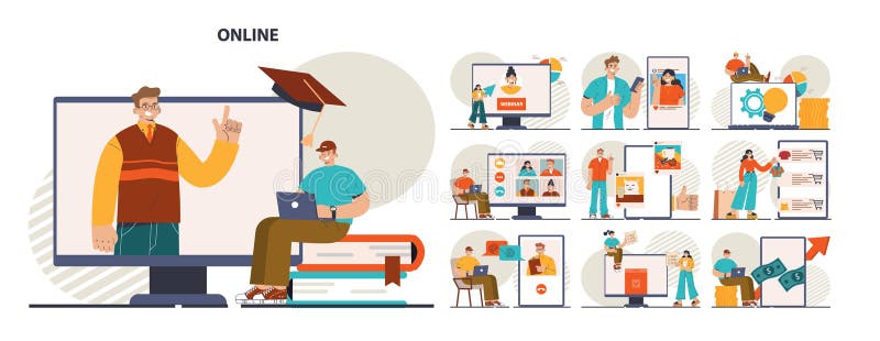 Different Online Services Set. Character Using Mobile Apps and Websites ...