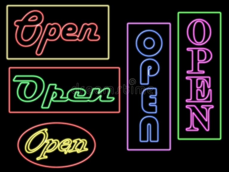 Different open neon signs stock illustration. Illustration of ...
