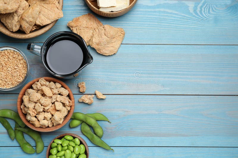 Different Organic Soy Products on Turquoise Wooden Table, Flat Lay ...