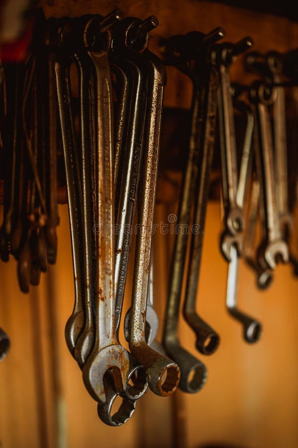 Different Organized Metal Spanner Tools in a Garage Stock Image - Image ...