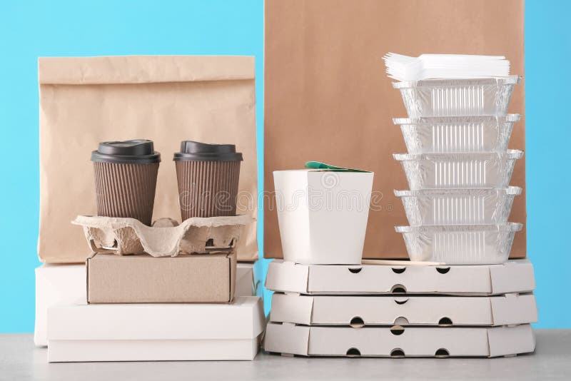 Different Packages on Table. Food Delivery Service Stock Image - Image ...