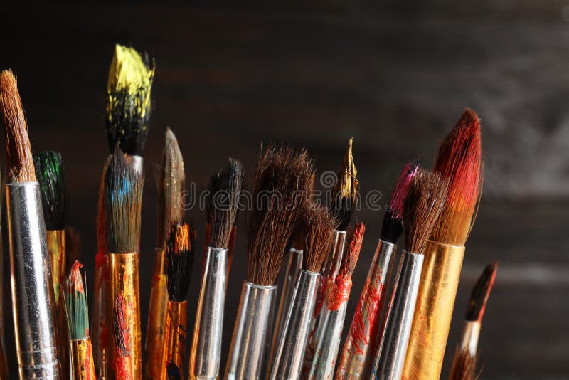 Different Paint Brushes on Dark, Closeup Stock Image - Image of ...