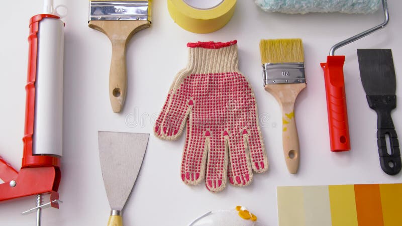 Different Painting Work Tools on White Background Stock Video - Video ...