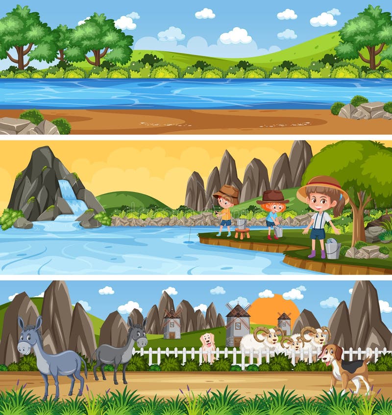 Different Panoramic Nature Landscape Set with Cartoon Character Stock ...