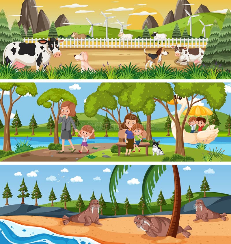 Different Panoramic Nature Landscape Set with Cartoon Character Stock ...