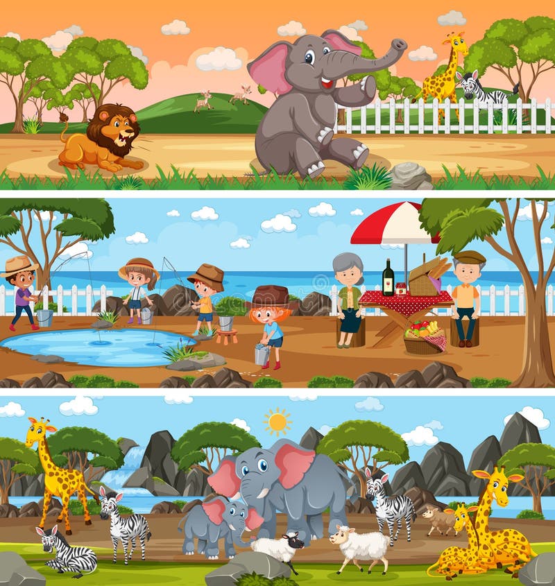 Different Panoramic Nature Landscape Set with Cartoon Character Stock ...