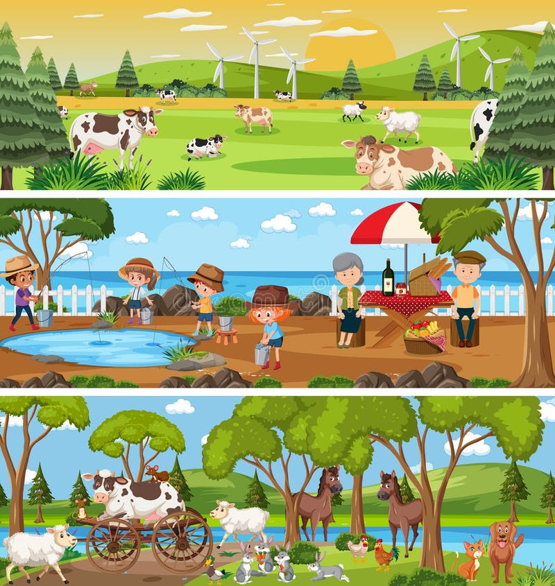Set of Different Panoramic Nature Landscape with Cartoon Character ...