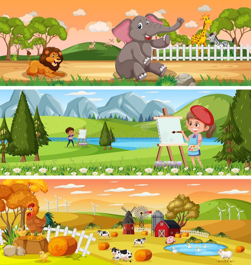 Different Panoramic Nature Landscape Set with Cartoon Character Stock ...
