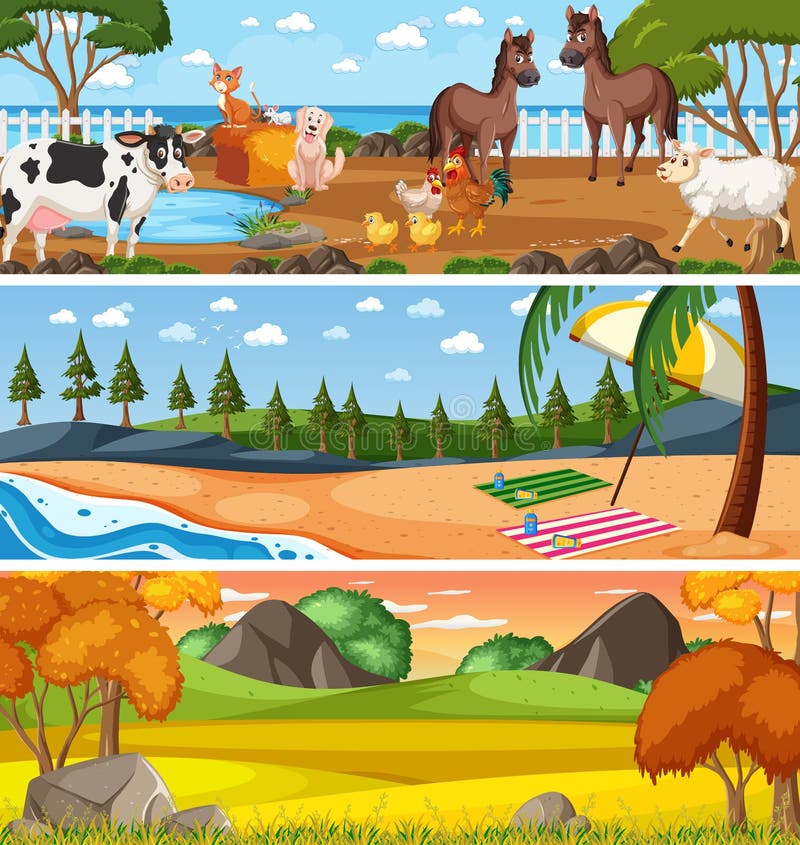 Different Panoramic Nature Landscape Set with Cartoon Character Stock ...