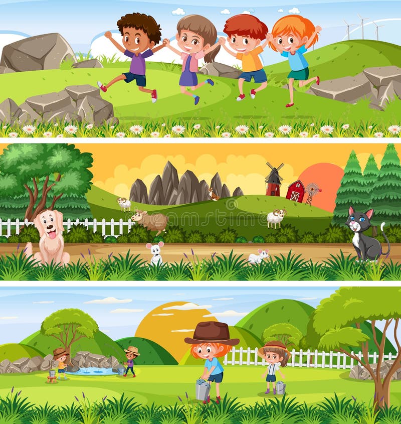Different Panoramic Nature Landscape Set with Cartoon Character Stock ...