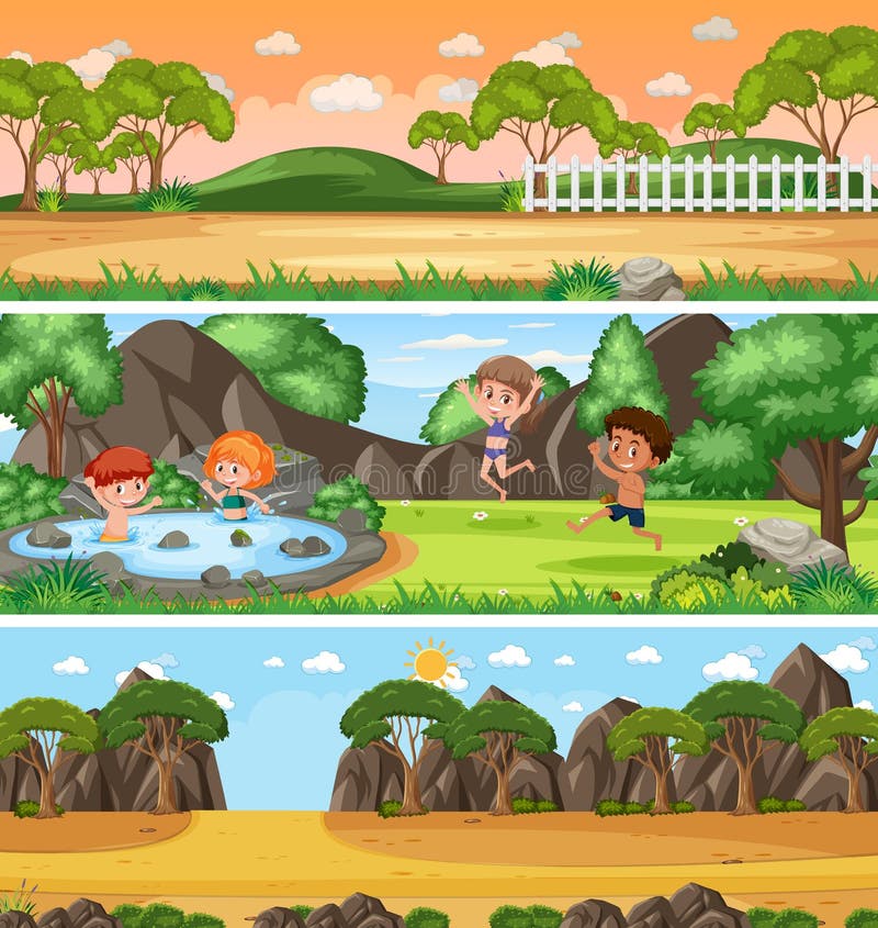 Different Panoramic Nature Landscape Set with Cartoon Character Stock ...
