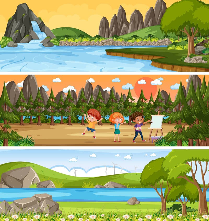 Different Panoramic Nature Landscape Set with Cartoon Character Stock ...