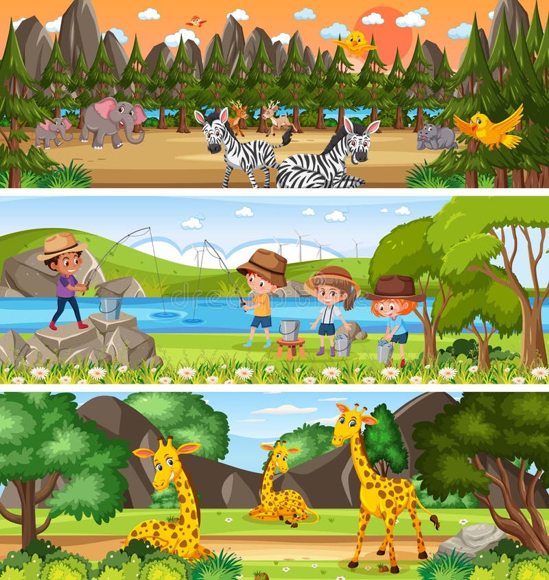 Different Panoramic Nature Landscape Set with Cartoon Character Stock ...
