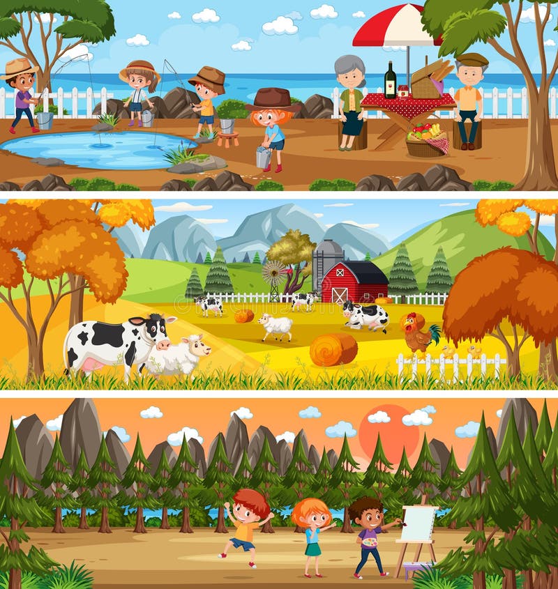 Set of Different Panoramic Nature Landscape with Cartoon Character ...