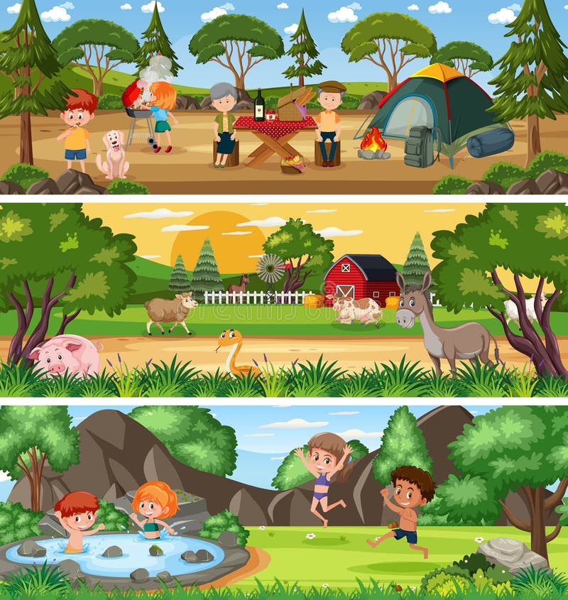 Different Panoramic Nature Landscape Set with Cartoon Character Stock ...