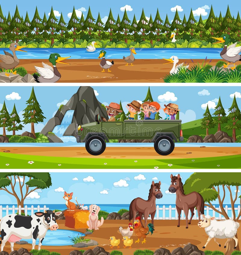 Different Panoramic Nature Landscape Set with Cartoon Character Stock ...