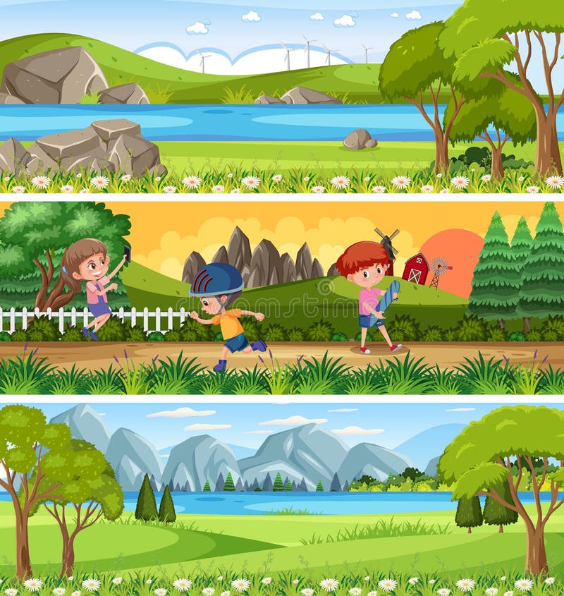 Different Panoramic Nature Landscape Set with Cartoon Character Stock ...