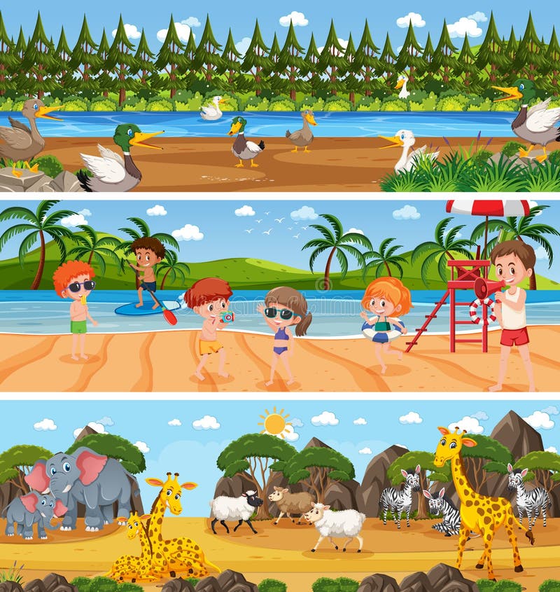 Different Panoramic Nature Landscape Set with Cartoon Character Stock ...