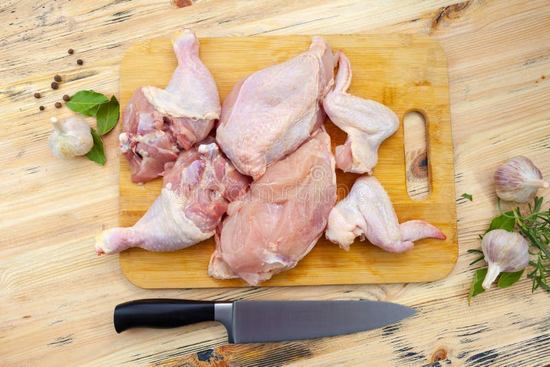 Different Parts of Raw Chicken on Wooden Background Stock Image - Image ...