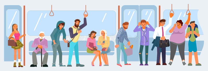 Different Passengers Inside Crowded Subway Train Illustration Stock ...