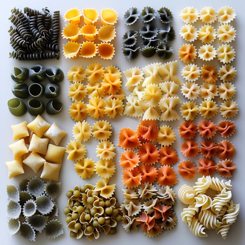 A Colorful Display of Various Pasta Shapes on a White Surface ...