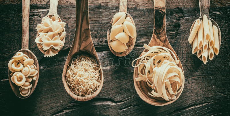 Different Pasta Types in Wooden Spoons on the Table. Stock Photo ... Different Pasta Types in Wooden Spoons on the Table. Stock Photo ...