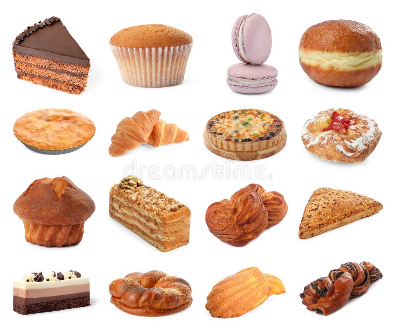 Different Pastry Isolated on White. Set of Cakes, Buns and Other Baked ...