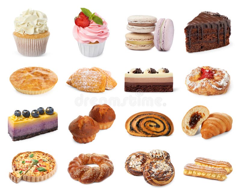 Different Pastry Isolated on White. Set of Cakes, Buns and Other Baked ...